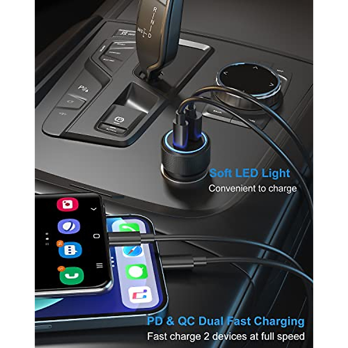 USB C Car Charger, OKRAY 3-Pack 36W Fast Charging Dual Port PD3.0&QC3.0 USB Type C Car Charger Cigarette Lighter Adapter with LED Compatible with iPhone 14/13/12/11, Galaxy S22 S21 Note 20 10 (Black)