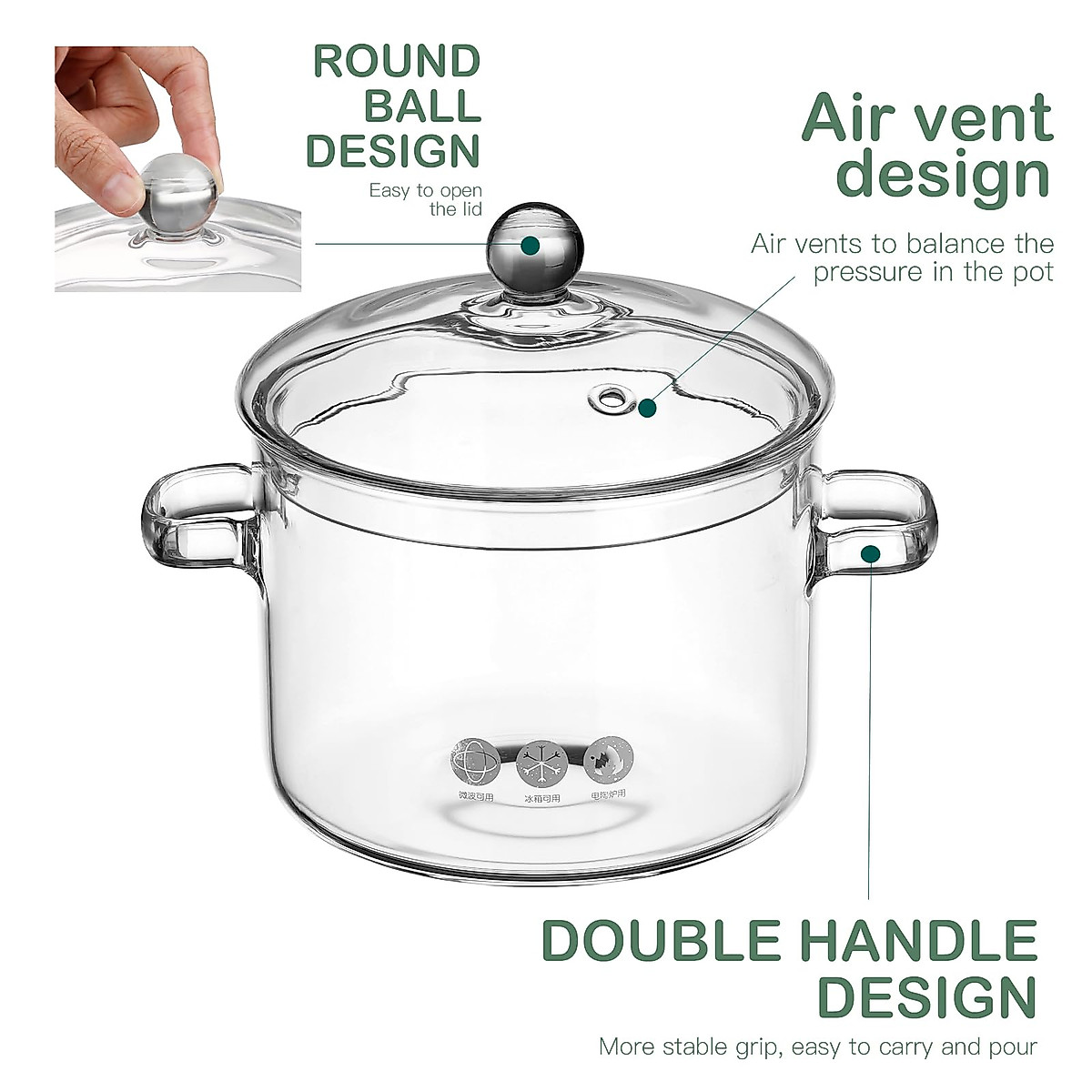 ERINGOGO Glass Cooking Pot with Lid, 1900ml/ 64 Oz Glass Saucepan Heat Resistant Borosilicate Stovetop Pot Simmer Stockpot with Cover for Soup, Milk, Baby Food