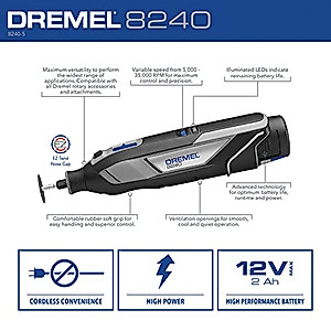 Dremel 8240 12V Cordless Rotary Tool Kit with Variable Speed and Comfort Grip - Includes 2AH Battery Pack, Charger, 5 Accessories & Wrench, Tool Fabric Carry Bag, and Instruction Manual