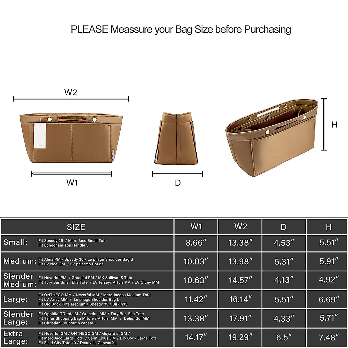 ZTUJO Purse Organizer Insert For Handbag & Tote Shaper,Tote Bag Organizer Insert For Speedy Neverful, 6 Sizes(Small, Silky Brown)