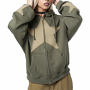 Tsultryofs Women Y2k Zip Up Hoodie Vintage Star Graphic Long Sleeve Hooded Sweatshirt E Girls Harajuku Aesthetic Jackets (Grey Green,XL)