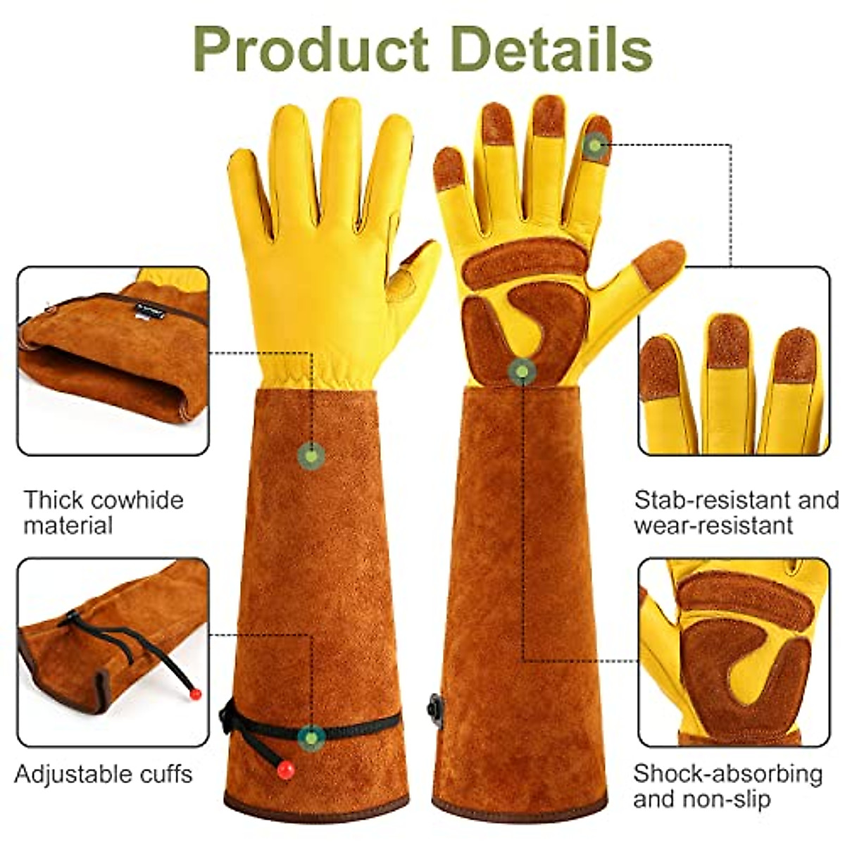 2 Pairs Long Gardening Gloves for Women Men Thorn Proof Rose Pruning Gloves Heavy Duty Gauntlet Leather Work Garden Gloves (Yellow, Large)