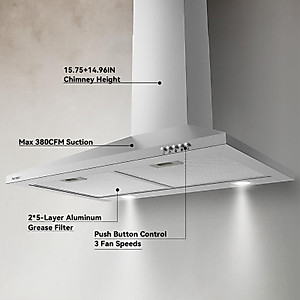 Hermitlux Range Hood 30 inch Stainless Steel, Wall Mount Vent Hood for Kitchen with Charcoal Filter, Ducted/Ductless Convertible