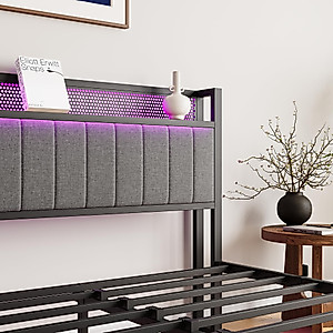 BOFENG Full Size Bed Frame with Storage Headboard/LED Lights,Heavy Duty Metal Upholstered Platform Bed Frame Full Size with Charging Station,Heavy Duty Metal Slats,No Box Spring Needed,Noise Free,Grey