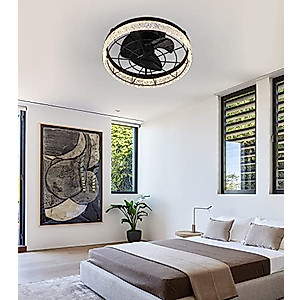 Q&S Modern Ceiling Fan with Lights,Low Profile Enclose Black Cage Semi Flush Mount Crystal Ceiling Fans with Remote 6 Speeds 3 Colors Dimmable LED Light Fixture for Bedroom Living Room Gym 18.9"