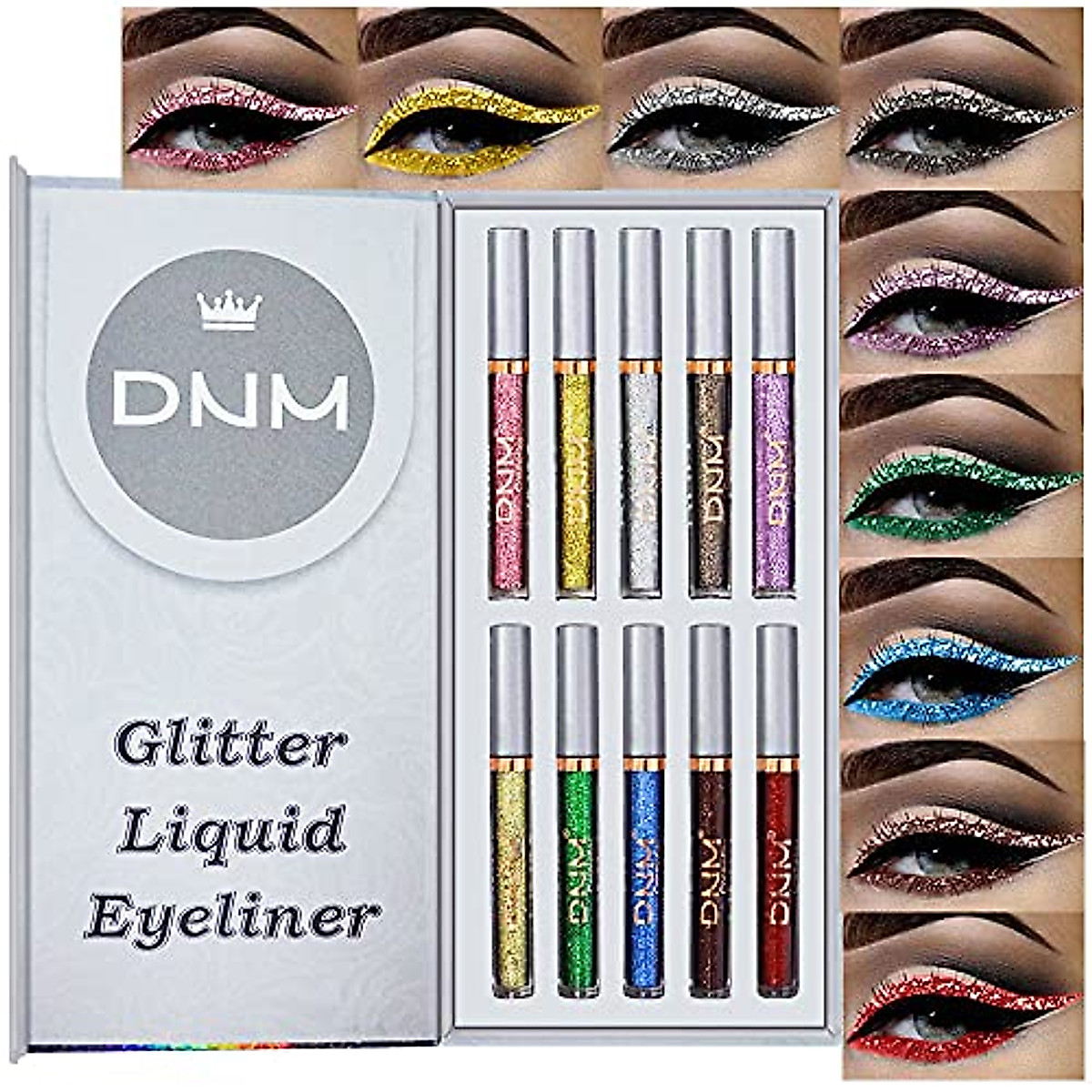 DNM 10 Color Liquid Glitter Sparkle Eyeliner Liquid Makeup Set delineadores de colores para ojos, Glitter Shimmer Metallic Liquid Eyeliner Liner Colorful Set Green Silver Eye Glitter eyeliner Pencil
