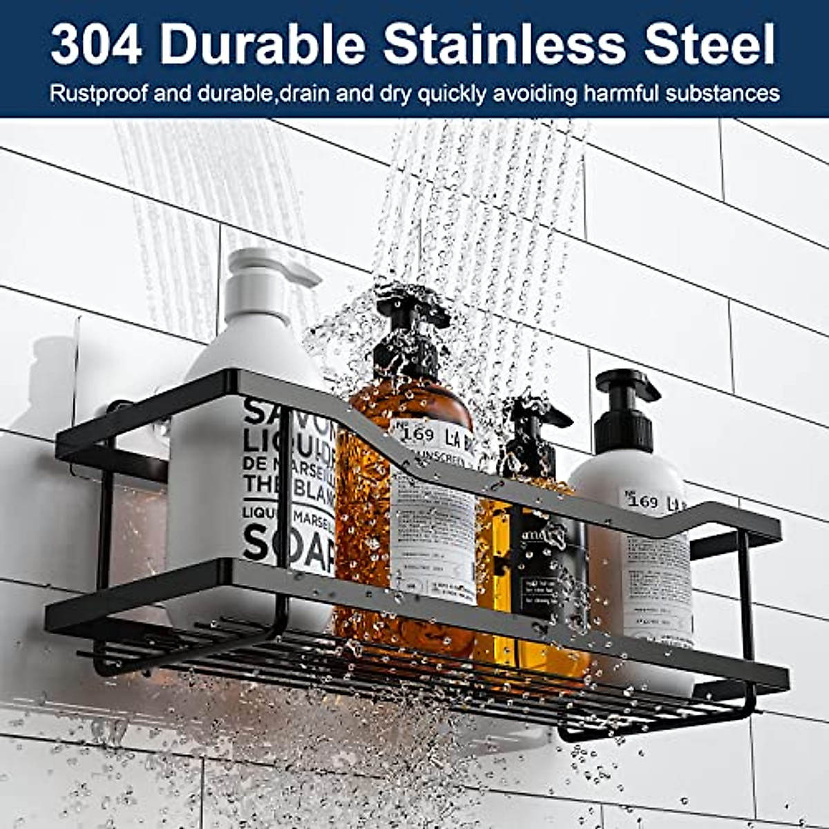 ELUBOIDG Shower Caddy,2 Pack Adhesive Shower Shelf,No Drilling Stainless Steel Shower Organizer with 4 Hooks and 1 Towel Rack,Hanging Bathroom Shelves for Inside Shower & Kitchen Storage (Matte Black)