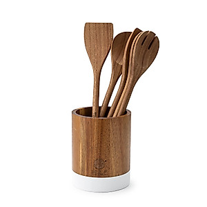 Wooden Spoons for Cooking Wooden Kitchen Utensil and Kitchen Utensil Holder Set of 5 Wooden Cooking Utensils Spatula Set Including Spoon, Turner and Slotted Spoon with Long Handle