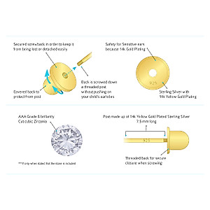 14k Gold Plated Brass Mouse Cubic Zirconia Screwback Baby Girls Earrings with Sterling Silver Post