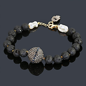 Gemstone Precious Beads Hamsa Charm 925 Sterling Silver Bracelet – 54.69 Carat Black Mix Stone 0.80 Cts Sapphire 6.58 cts Pearl 2.44 Cts Natural Brown Diamonds (I2-I3 Clarity) Chain Link Bracelets
