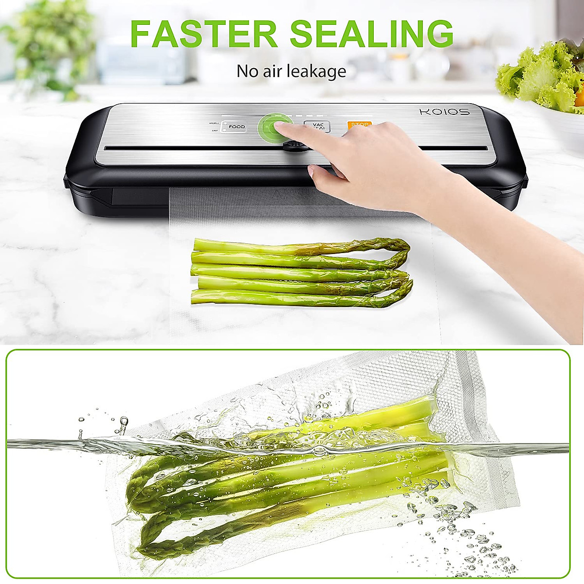 KOIOS Vacuum Sealer Machine, 90Kpa Automatic Food Sealer with Cutter, 8-in-1 Food Vacuum Machine, Pulse Function, Dry&Moist Modes, Compact Design, LED Indicator Lights, 10pcs bags included, Silver