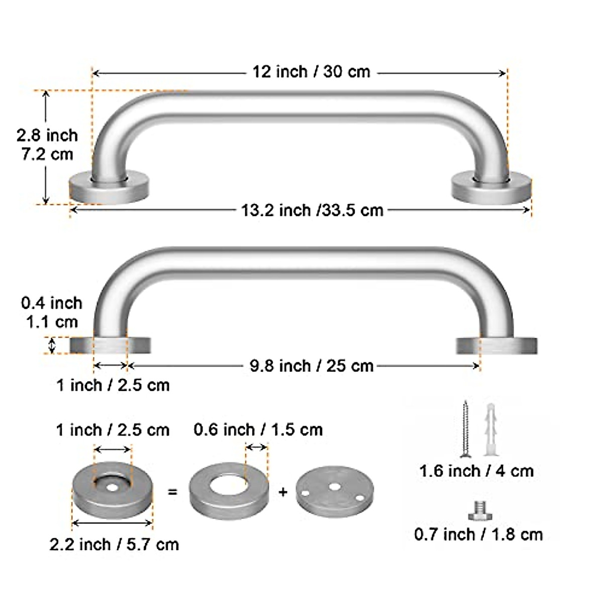 12 Inch Satin Brushed Nickel Shower Grab Bar - 1" Diameter, iMomwee Stainless Steel Bathroom Grab Bar Handle, Balance Bar for Shower and Wall, Safety Hand Rail Support, Handicap Elderly Assist Handle