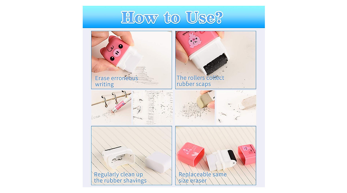 Sooez 12 Pack Cute Eraser Set with Cleanup Roller | Fun School Supplies