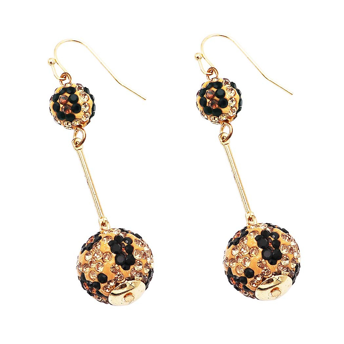 Rosemarie & Jubalee Women's Get Wild Leopard Print Pave Crystal Ball Drop Earrings (Double Ball Bar Gold Tone Fish Hook, 2.5")
