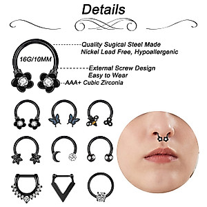 NICEIGHT 9PCS 16G Sugical Steel Horseshoe Septum Rings for Women Cartilage Hoop Helix Tragus Daith Piercing Bee Sunflower Body Jewelry B