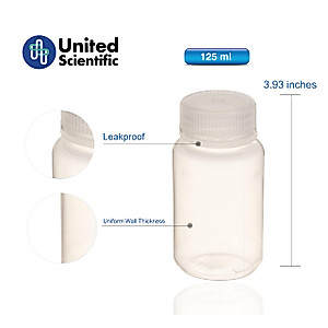United Scientific® Unistore™ 33307 | Laboratory Grade Polypropylene Wide Mouth Reagent Bottle | Designed for Laboratories, Classrooms, or Storage at Home | 125mL (4oz) Capacity | Pack of 12, Clear