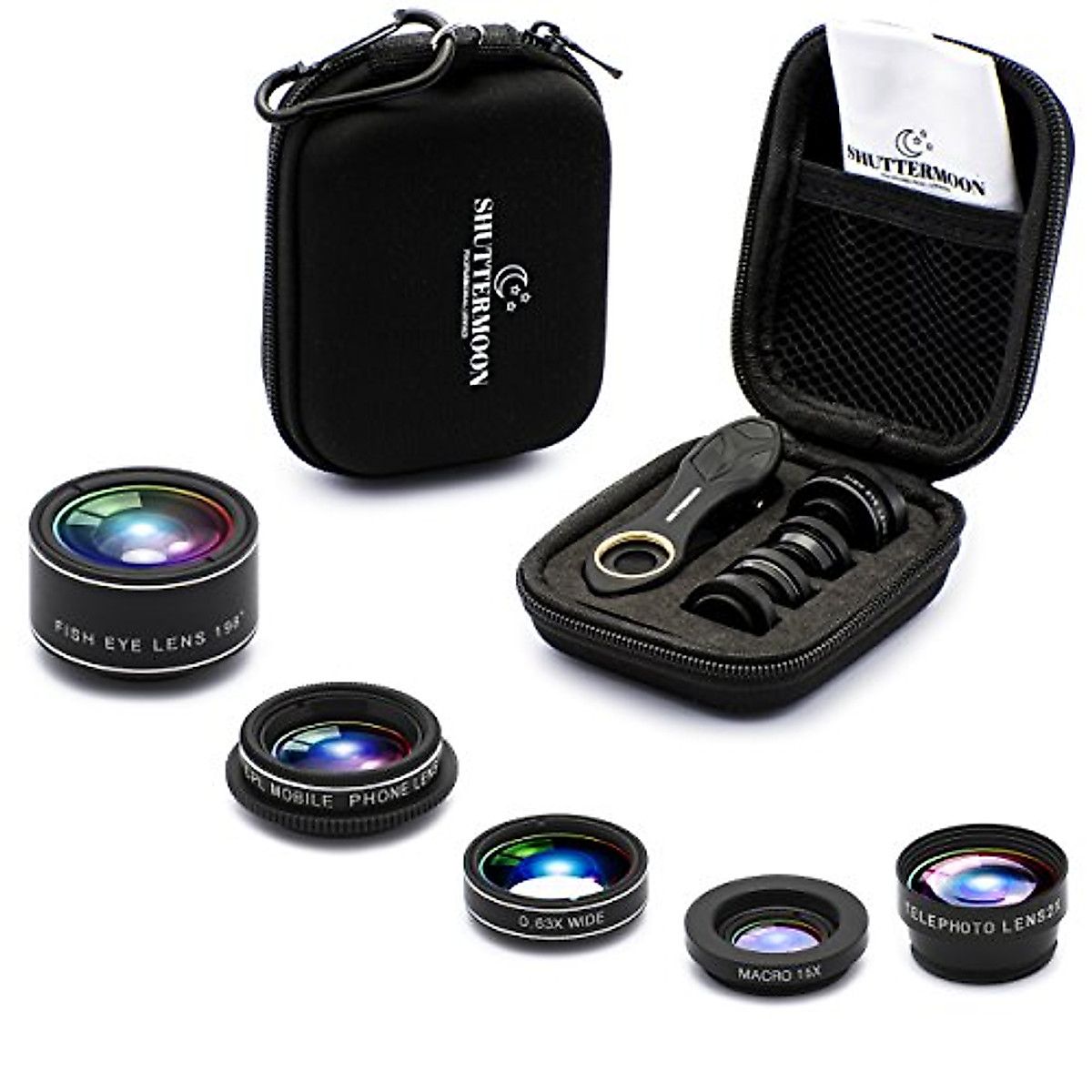 SHUTTERMOON Upgraded Phone Camera Lens Kit for iPhone 13/12/11/X/8/7 Smartphones/Pixel/Samsung/Android Phones Camera. 2xTele Lens Zoom Lens+Fisheye Lens+Super Wide Angle Lens&Macro Lens+CPL (5 in 1)