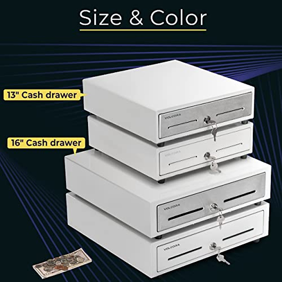 Volcora 13" Cash Register Drawer for Point of Sale (POS) System with Fully Removable 2 Tier Cash Tray, 4 Bill/5 Coin, 24V, RJ11/RJ12 Key-Lock, Double Media Slot, Small Square Money Drawer, White