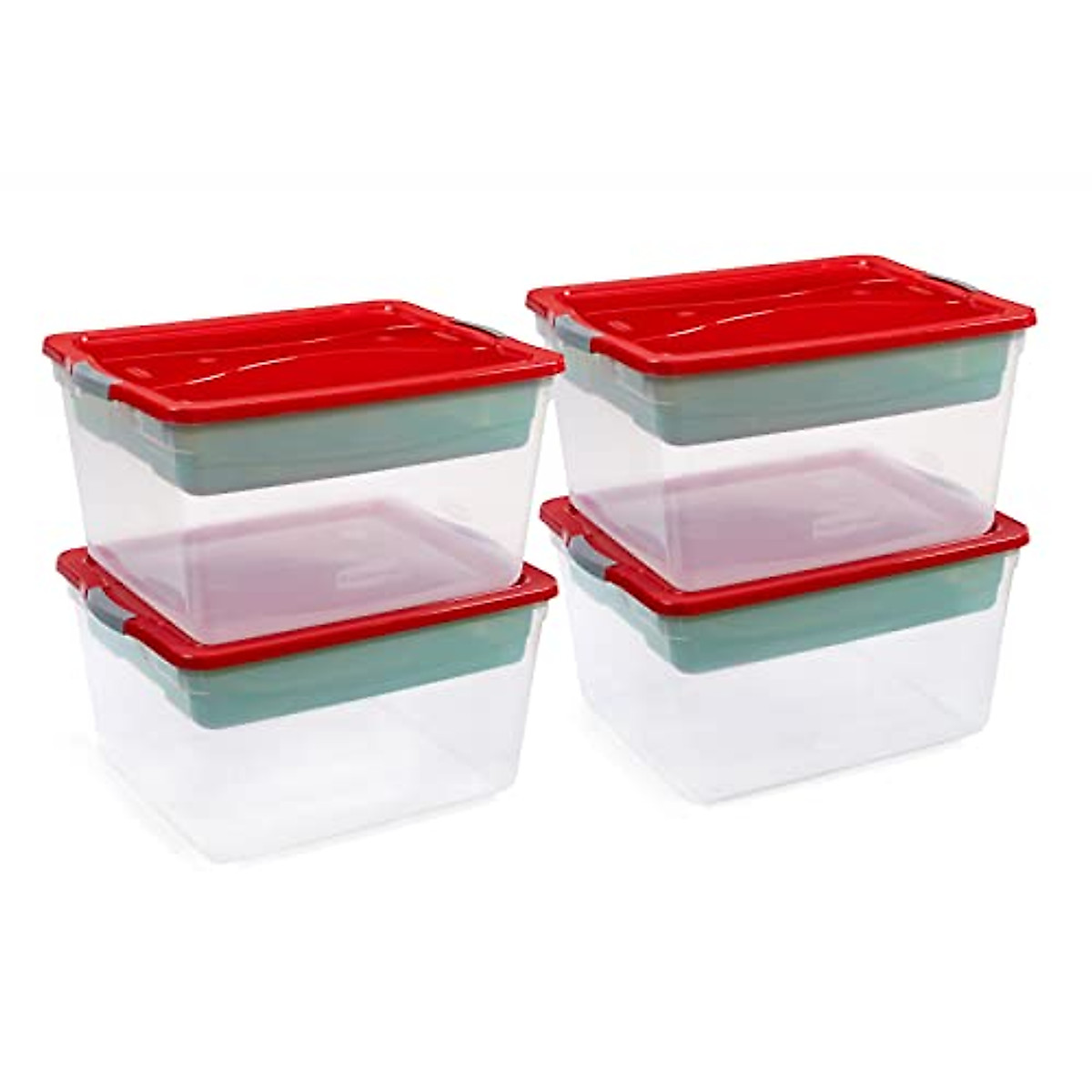 Rubbermaid Cleverstore Clear Holiday 71 Qt Bins with Tray Inserts, Built-In Handles to Maximize Storage, Great for Holiday Decor, Clear Base, Red Lid with Green Tray, Pack of 4