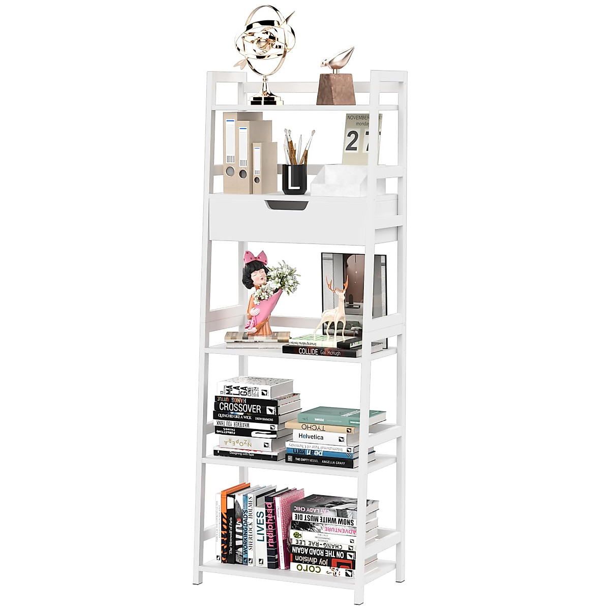 Bookshelf with Drawer, 5 Tiers Bamboo Bookcase Book Shelf Storage Organizer Modern ladder Shelf Display Stand Shelving Unit Tall Book Shelf Corner Rack for Home Office,Living Room,Kitchen,Bedroom,Toy