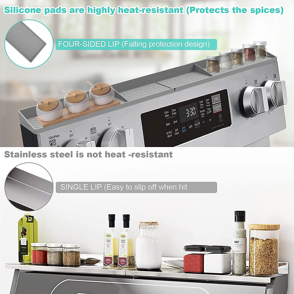 xingruyu 30 Inch Silicone Magnetic Stove Top Shelf, Magnetic Spice Rack Over the Stove, Condiment Storage Shelf, Heat Insulated Kitchen Gadgets, Zero Installation, Not Easy to Slide (Gray)