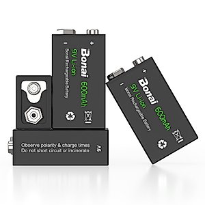 BONAI Rechargeable 9V Batteries 600mAh High Capacity 9V Rechargeable Batteries,(4 Pack) 9 Volt Lithium Batteries for Smoke Alarms Metal Detector etc - Long-Lasting & Economical