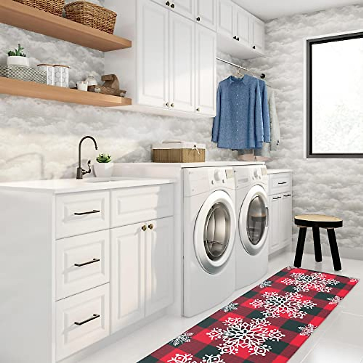 Kitchen Mats fo Floor, Merry Christmas Snowflake Red Black Buffalo Check Plaid Backed Rubber Dots Rugs,Non Slip,Absorbant Runner Rugs for Hallway Entryway,Kitchen,Laundry 1 pcs 23.6x70.9 Inch