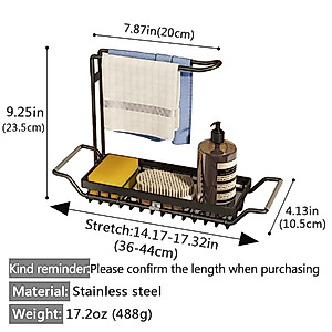 Hvanam Stainless Steel Kitchen Sink Rack Telescopic Organizer Holder Expandable Countertop Accessories Drain Caddy Tray for Kitchen or Bathroom Towel Soap Sponge Brush Storage(Black)