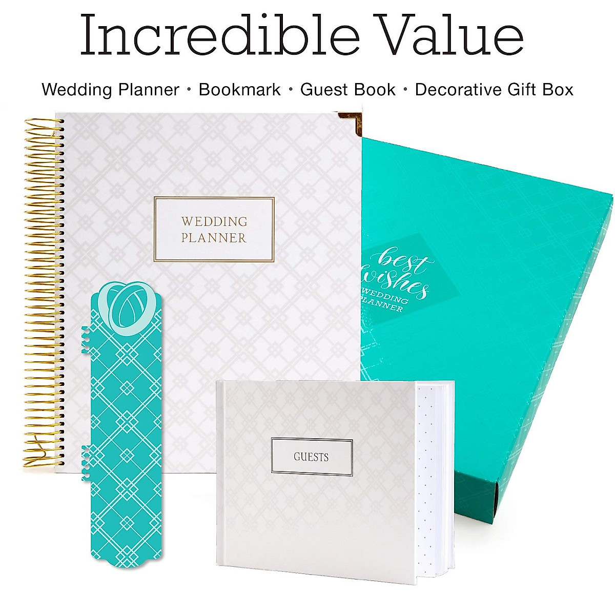 Wedding Planner Gift Set for The Bride to Be: 9x11 Hardcover Wedding Planner and Organizer, Gift Box, Guest Book, Clip-in Bookmark, Planning Stickers, Business Card Holder, and Pocket Folders (Gold)