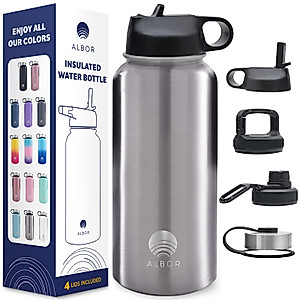 Albor 32 oz Insulated Water Bottle With Chug Lid and Straw, Plus Carry Lid for Travel, Leak Proof Stainless Steel Water Bottle for Gym and Travel (Steel)
