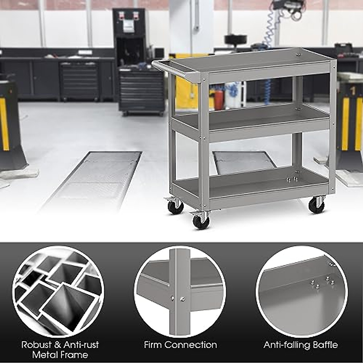 IRONMAX 3-Tier Utility Service Cart, 400 Lbs Heavy Duty Metal Trolley Rolling Cart w/Ergonomic Flat Handle, Lockable 360°Swivel Wheels, Chic Mechanic Tool Cart for Garage Warehouse & Repair Shop