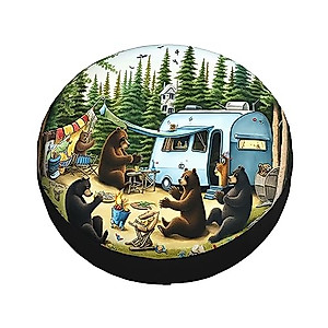 Happy Camper Bear Spare Tire Covers for Trailer Camper Rv SUV Truck Travel, Psychedelic Funny Tire Covers Camping Wheel Covers Car Decor, Universal Fits, 14 inch