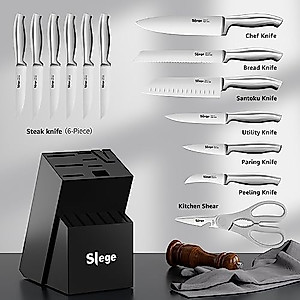 Slege 15pcs Kitchen Knife Set with Built-in Sharpener, One-Piece Design, Stainless Steel Kitchen Knives - Frosted Silver