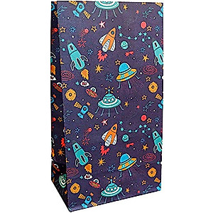 Outer Space Favor Bags - 24-Count Colorful Cute Pattern Design Printed on Kraft Paper Goodie Gift Bags - Treat Bags and Party Supplies for Theme Party, Kids Birthday, Party Favor - 9.5" x 5.5" x 3.25"