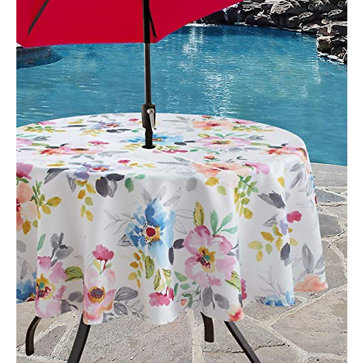 Benson Mills Spillproof Floral Spring/Summer Fabric Outdoor Tablecloth with Umbrella Hole, Zippered Table Cloth for Round Tables, Picnic/Patio (Harper, 70" Round with Umbrella Hole)
