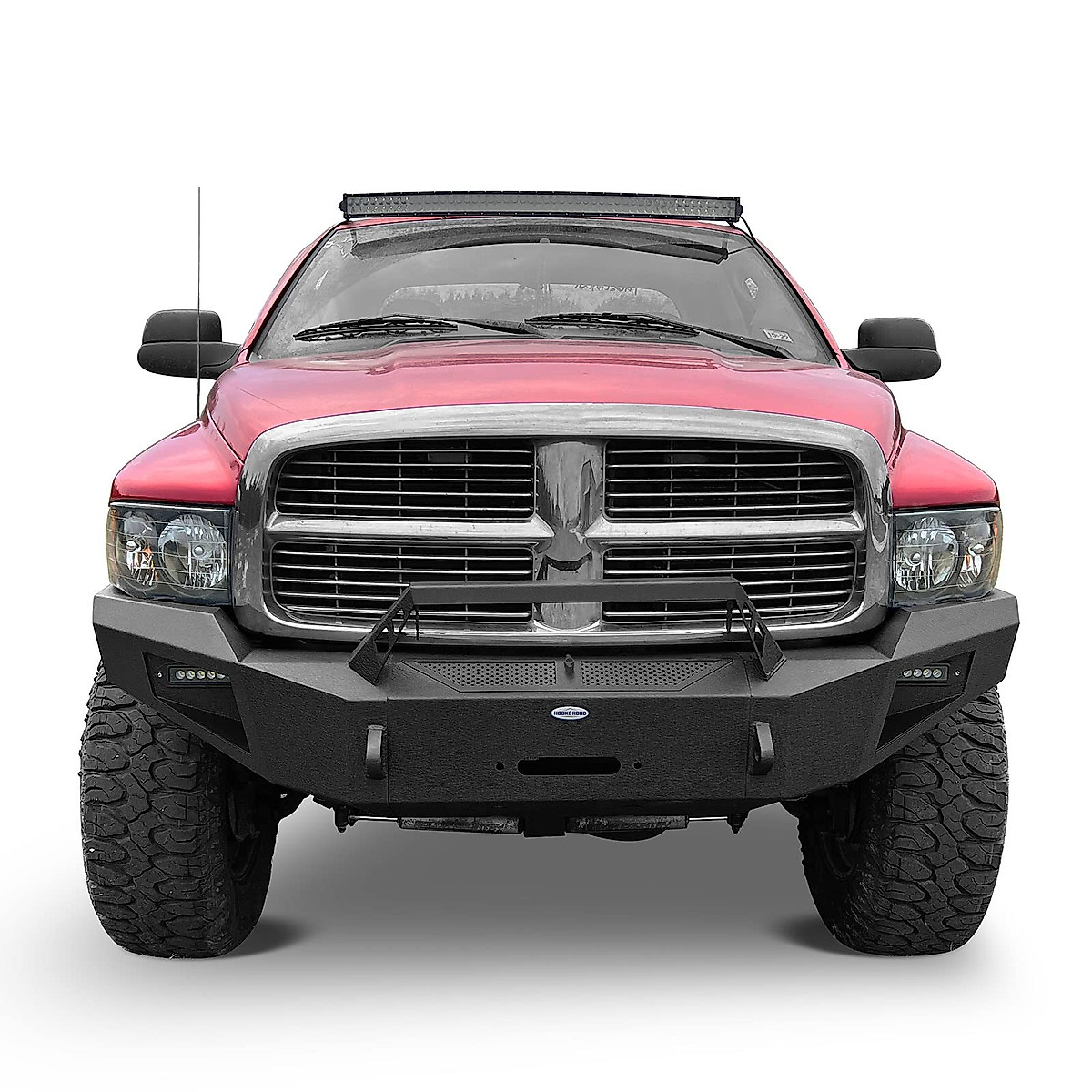 Hooke Road 03-05 Ram Full Width Front Bumper w/Winch Plate & LED Spotlights for 2003 2004 2005 Dodge Ram 2500 3500 Truck (Excluding Diesel Models), Solid Steel Offroad Bumper