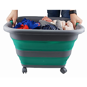 SAMMART Collapsible Plastic Laundry Basket with Wheels 39L (10.3 Gallons) -Foldable Pop Up Storage Container for Laundry, Camping & Home (1, Dark Grey/Bluish-Green)