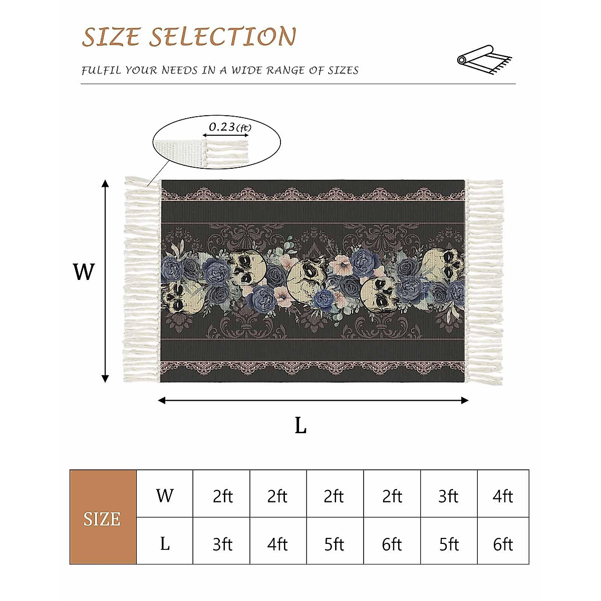 Runner Rug for Hallway 2x5ft, Halloween Skull Flowers Black Washable Runner Rugs with Tassels Woven Floor Carpet Runners for Hallways Kitchen Laundry Entryway