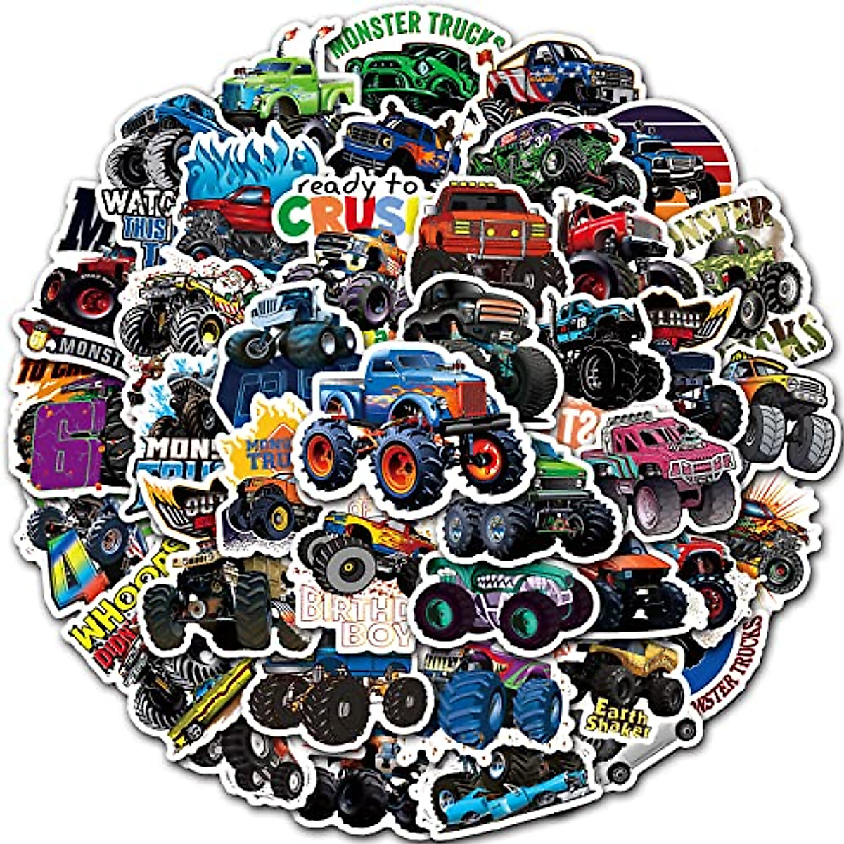 DULEFUN 50PCS Monster Truck Stickers, Truck Car Stickers for kids, Car Stickers Waterproof for Water Bottles Skateboard Car Bike Phone Case Laptop Suitcase, Monster Truck Gifts for Girls Boys Party Gifts, Monster Truck Party Favors