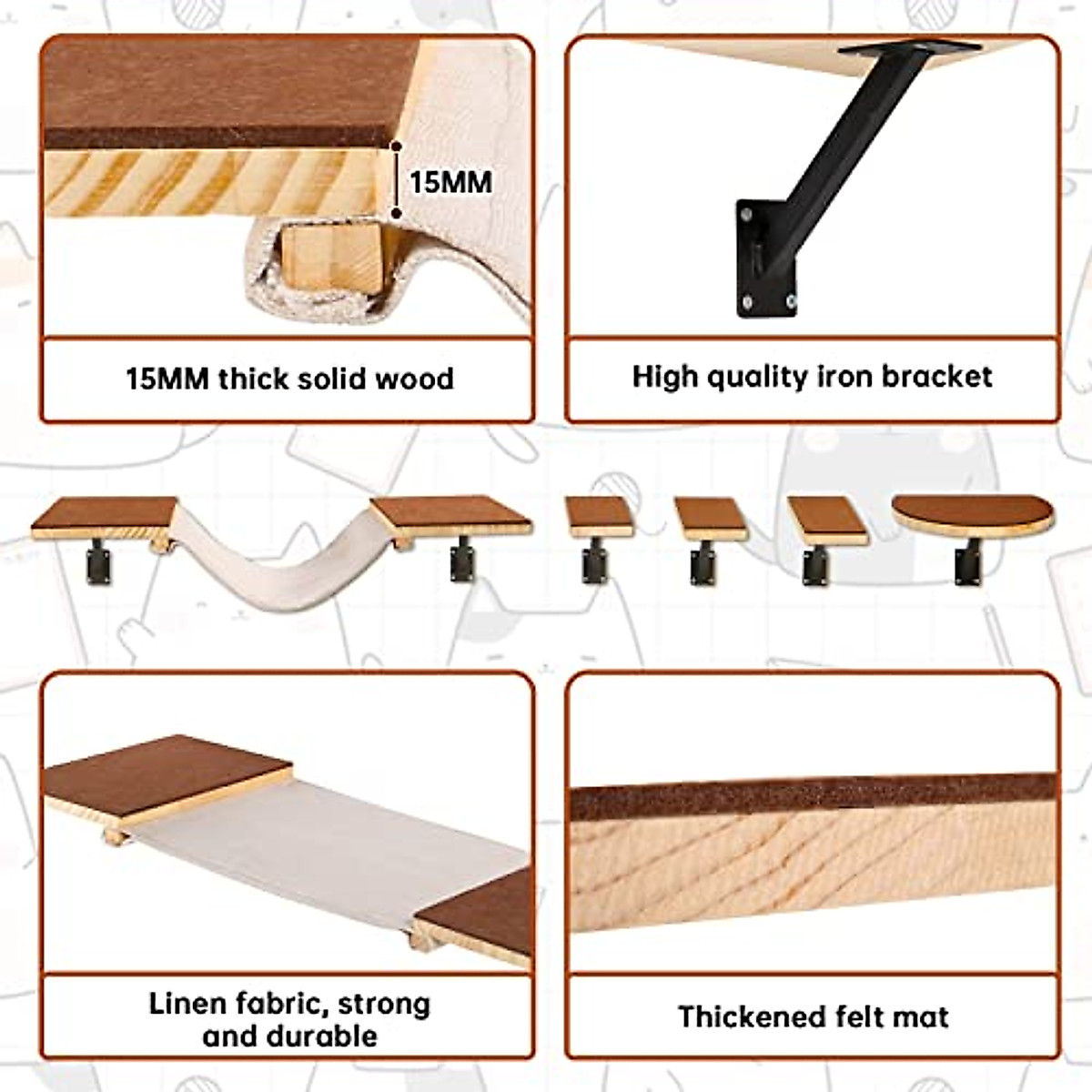 Calmbee Cat Wall Shelves, Cat Wall Furniture, Wall Mounted Cat Hammock Wooden Perch Cat Steps Cat Bridge Cat Tree Cat Climber Cats Bed Cat Cloud Board