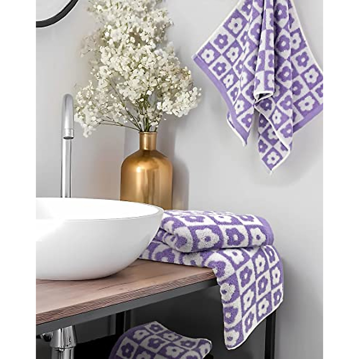 Cotton Face Towels Set of 4 - Checkered Floral Bathroom Hand Towels for Everyday Use, 29” x 13” Lilac