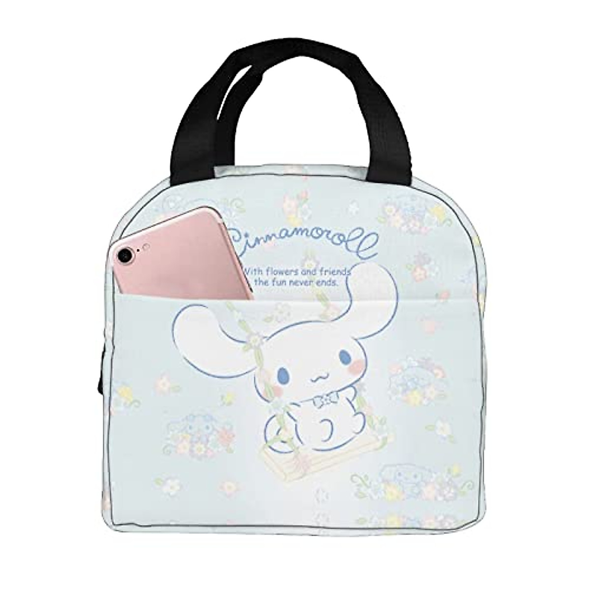 Blue Floral Anime Lunch Bag For Women Girl Insulated Portable Reusable Kawaii Tote Lunch Box With Compartments For Picnic Work School Travel