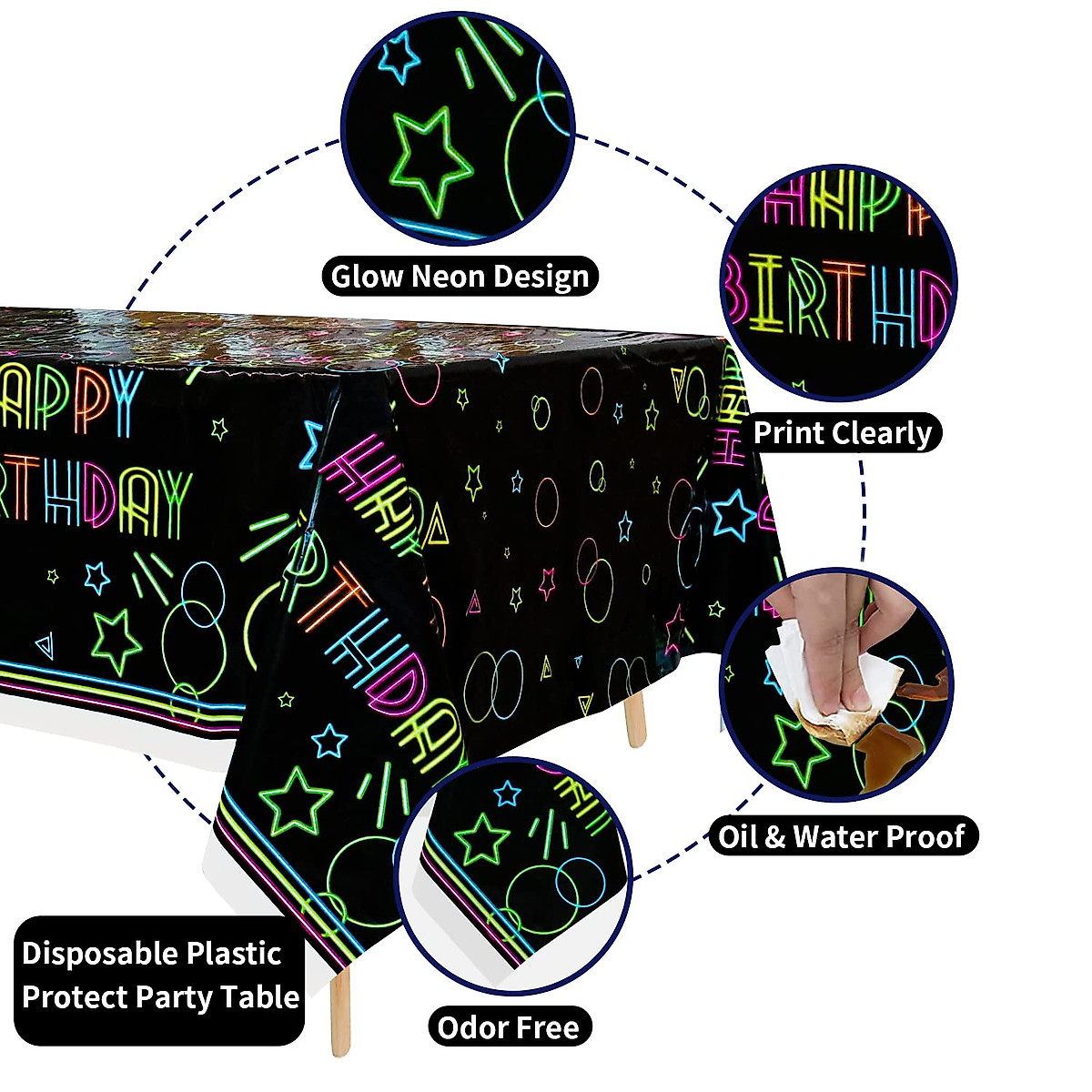 XJLANTTE 3 Pack Glow Party Tablecloth Supplies - Neon Plastic Disposable Birthday Table Cover, Black Light Rectangle All Over Print Table Cloth 51"x86.6" for Glow in The Dark Parties Decorations