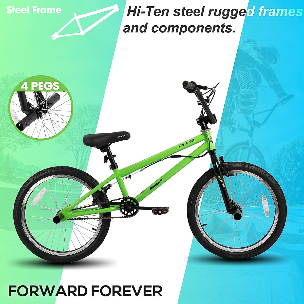 HH HILAND 20 inch Freestyle Kids BMX Bike, Beginner-Level to Advanced Riders with 360 Degree Gyro & 4 Pegs, Kids' Bicycles for Boys, Girls, Multiple Colors Green