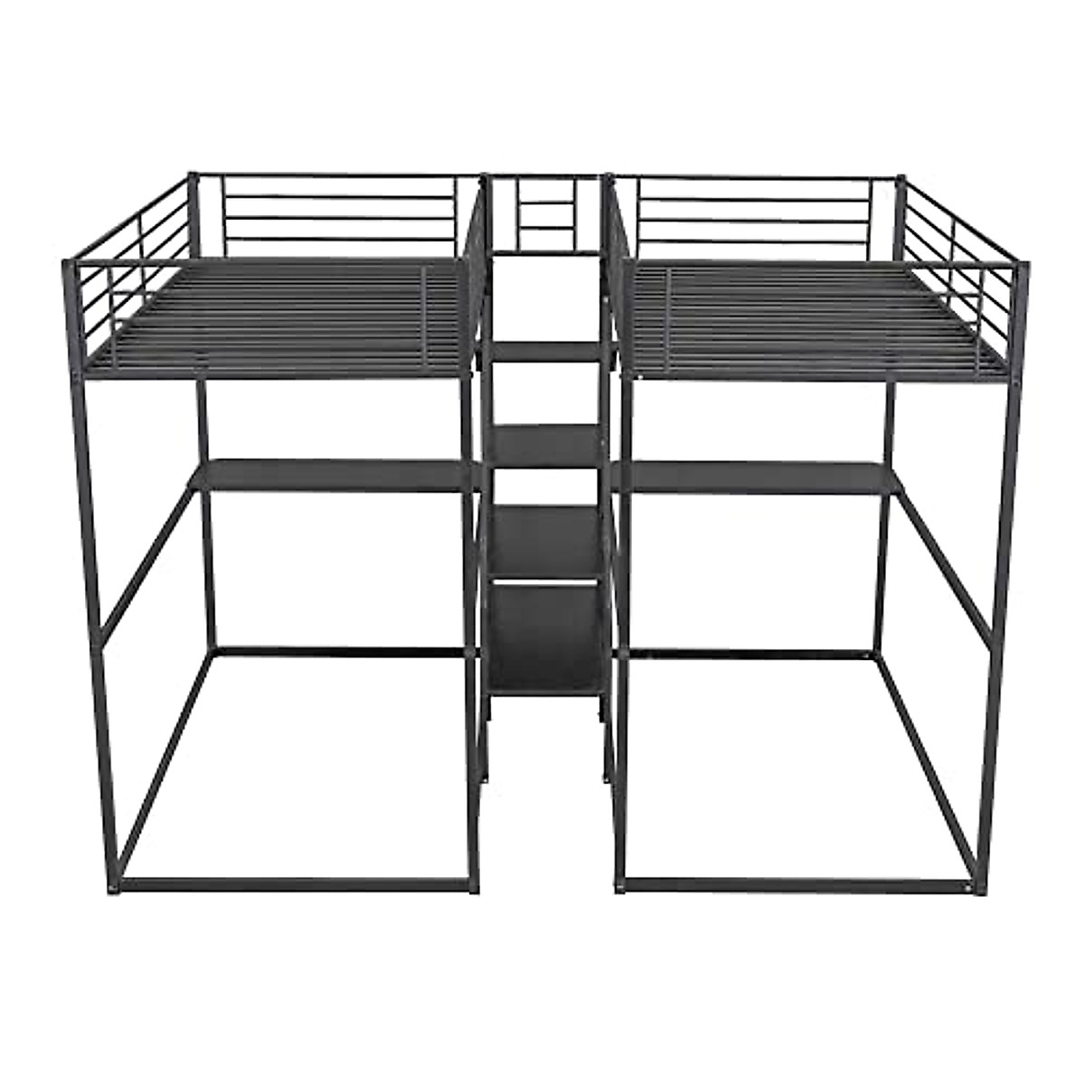 ATY Twin Over Twin Bunk Bed with 2 Desks and Shelves, 4-in-1 Metal Bedframe w/ 3 Storage Staircase & Safety Guardrail, Maximum Space Design, for Kids Bedroom, Dorm, Guestroom, Black