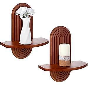 Suzile 2 Pcs Arched Wooden Boho Wall Shelves Walnut Bohemian Candle Holders Hanging Shelf Wood Hanging Wall Shelf Wall Mount Rustic Floating Shelves with 2 Hook for Plant Book Bedroom Bathroom Nursery