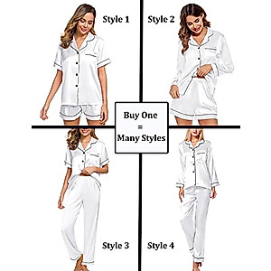 SWOMOG Silk Satin Pj Sets for Women 4 Pieces Button Down Pajama Soft Sleepwear White