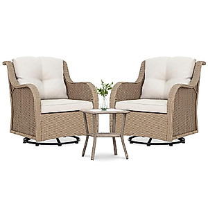 J.M.Deco Outdoor Swivel Rocker Patio Chairs Set of 2 and Matching Side Table - 3 Piece Wicker Patio Bistro Set with Premium & Soft Fabric Cushions for Porch, Backyard, Balcony (Light Brown)
