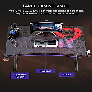It's_Organized Gaming Desk, 60 Inch Computer Desk Carbon Fiber Surface Gamer Desk with Free Mouse pad, T-Shaped Professional Gaming Table with USB Gaming Rack, Cup Holder & Headphone Hooks, (Black)