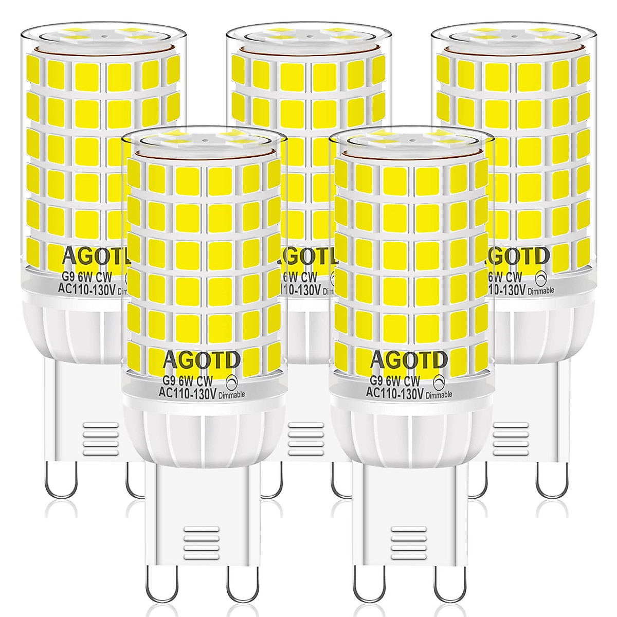 AGOTD G9 LED Bulb 6W, Dimmable Daylight White 6000K, 658LM LED Light Bulb, T4 40W 50W 60W Halogen Replacement G9 Bi Pin Base, No-Flicker, Chandelier Lighting, 5 Pack